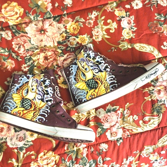 Ed Hardy | Shoes | Vintage Ed Hardy Leather Mermaid High Top Sneakers 9 ...